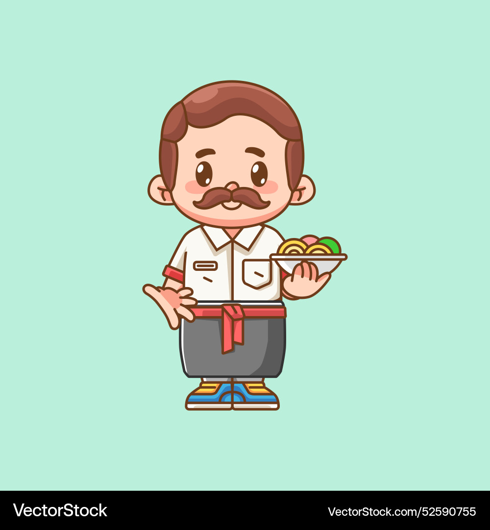 Cute waiter serve noodle kawaii chibi character Vector Image