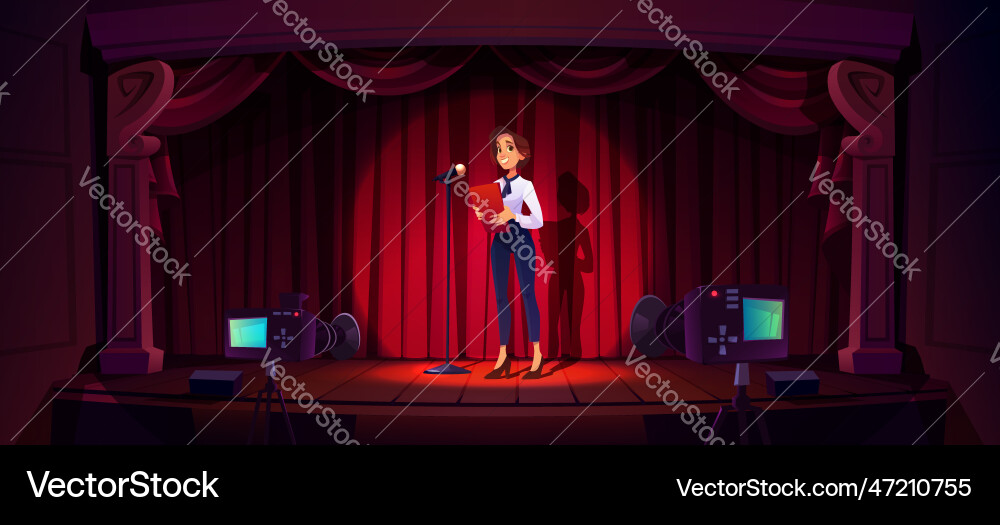 Female presenter smiling near microphone on stage Vector Image