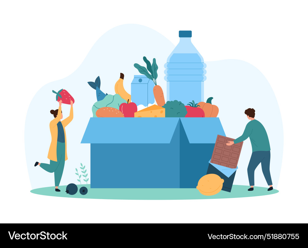 Tiny people donating food items to large box Vector Image