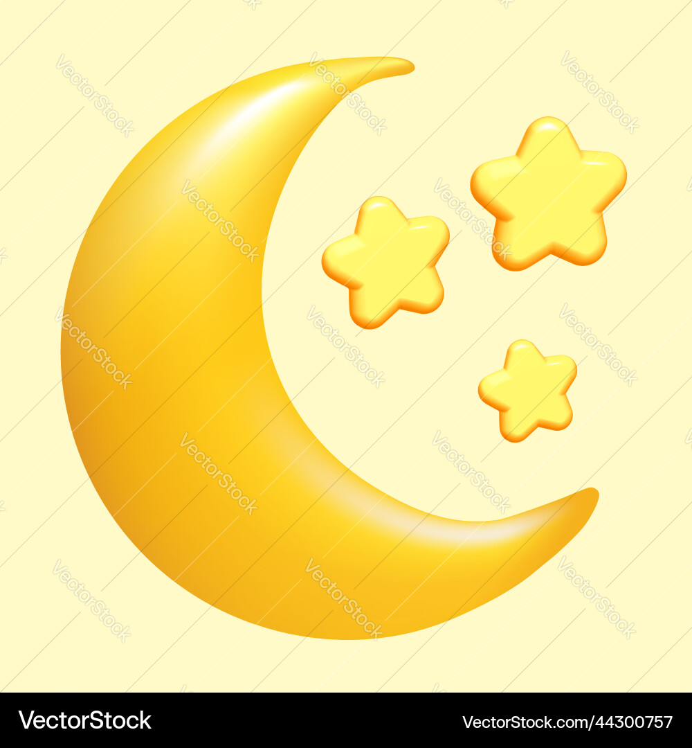 Crescent or moon with three asterisks glossy 3d Vector Image