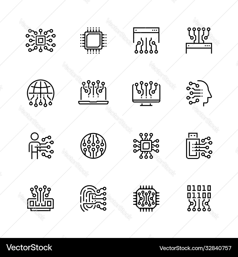 Electronic circuit and chips icon set in thin Vector Image