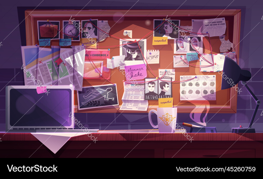 Detective office with desk board and evidences Vector Image