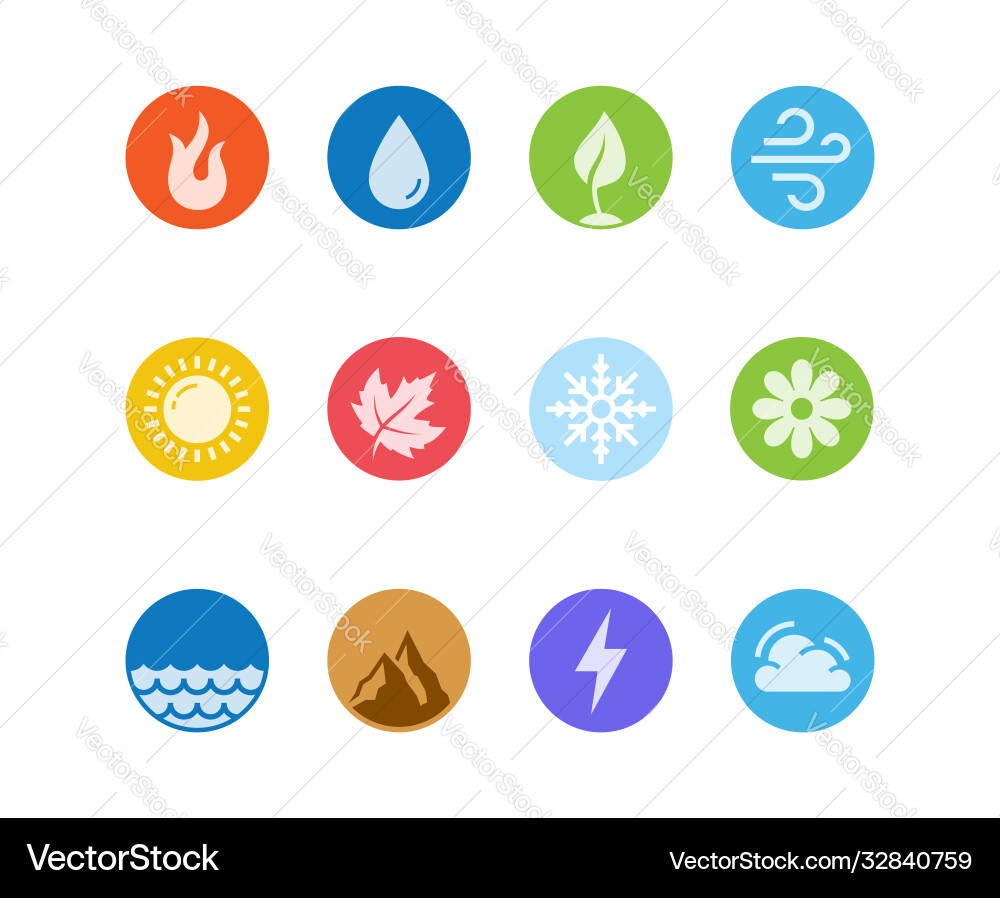 Round icon set fire water earth and air Royalty Free Vector