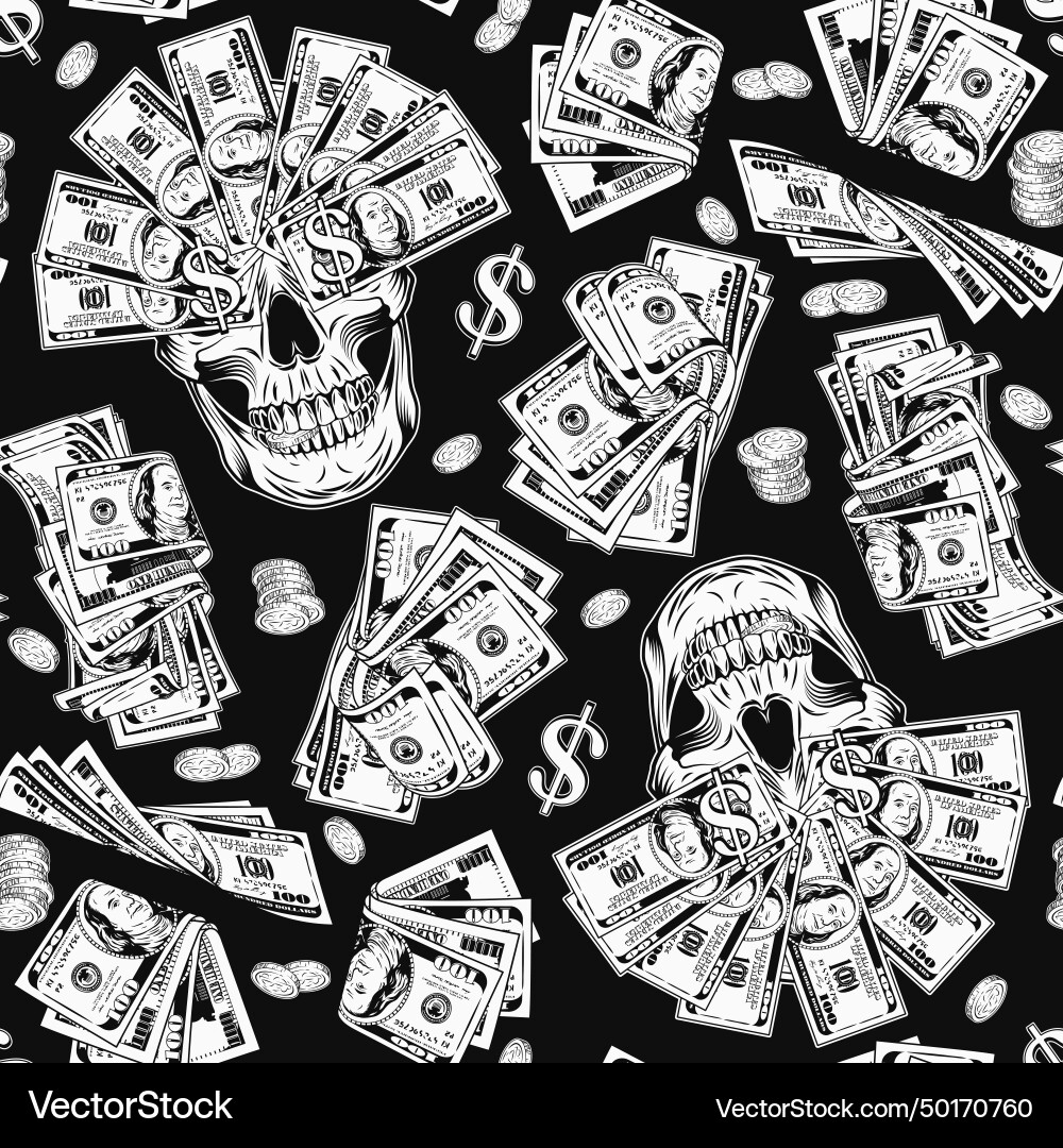 Pattern with skull money 100 dollar notes coins Vector Image