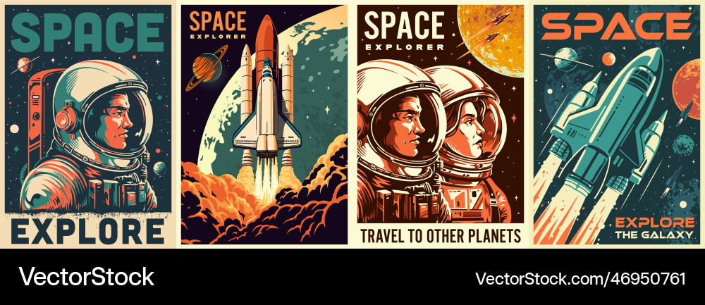 Space adventure set posters colorful Royalty Free Vector