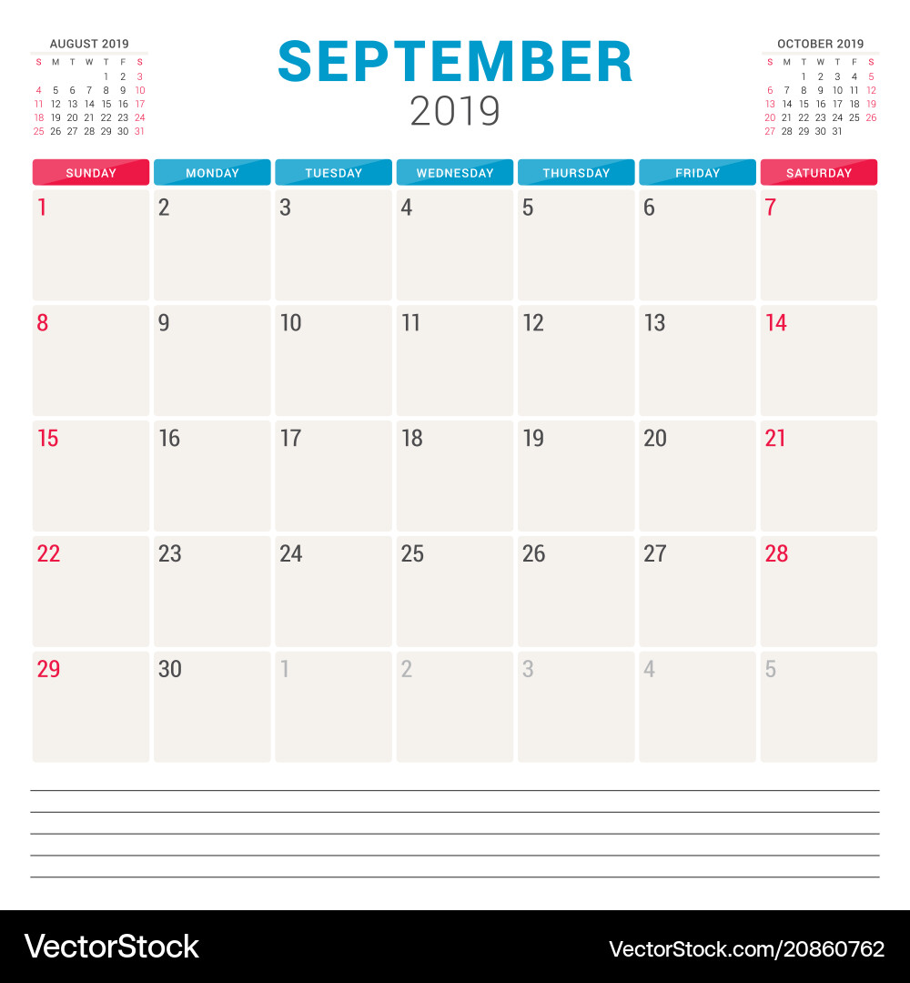 Calendar planner for september 2019 week starts Vector Image