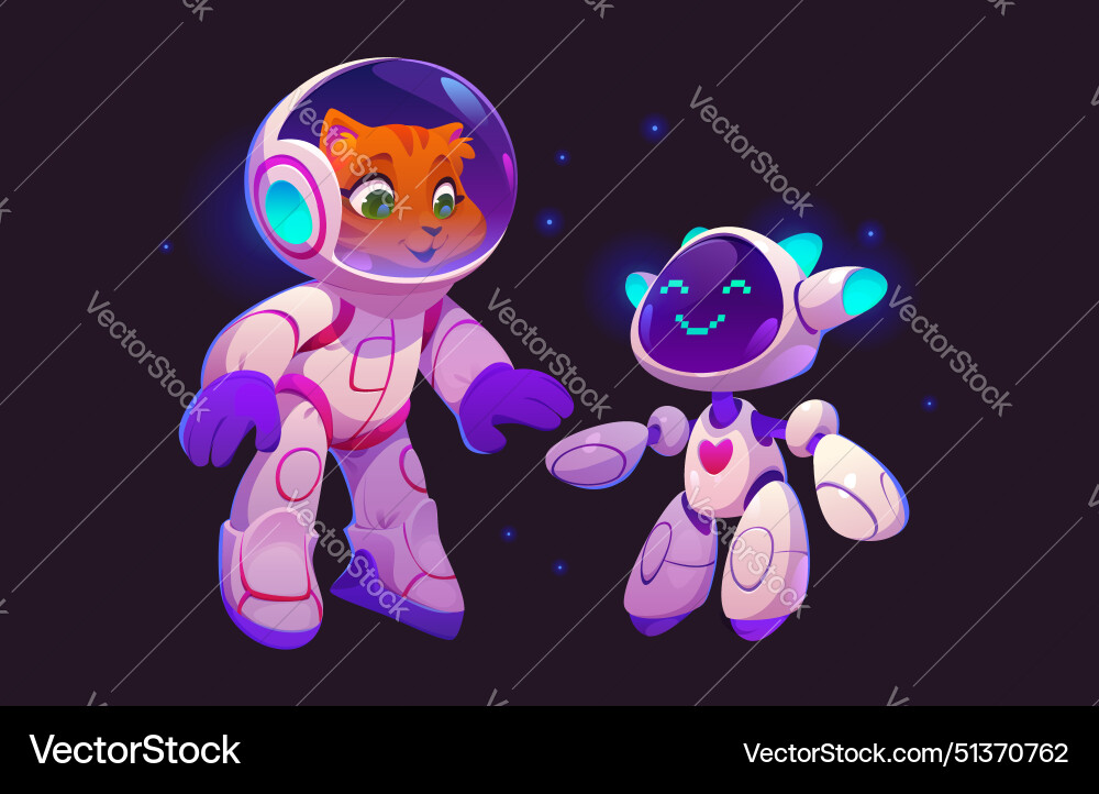 Cat astronaut and cute funny robot in space Vector Image