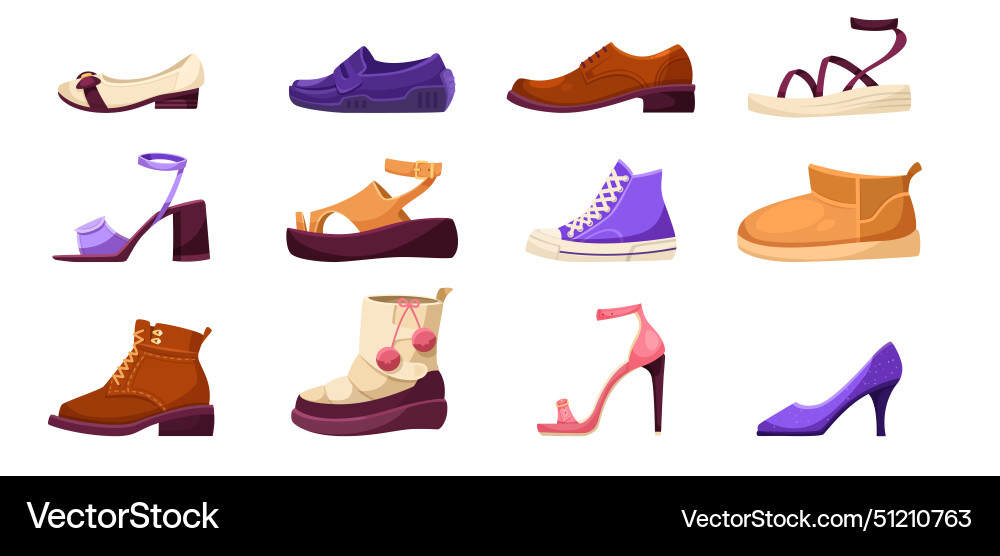 Assorted cartoon-style shoes against a white Vector Image