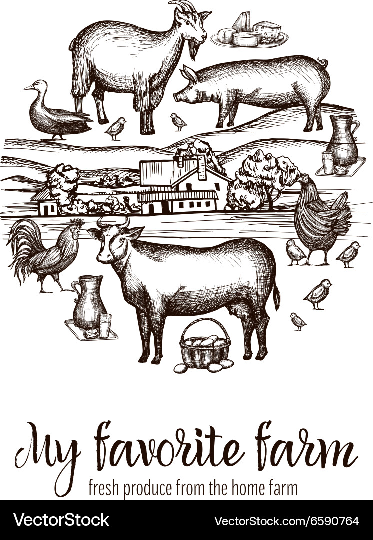 Farm Animals & Market Scene Royalty Free Vector Image