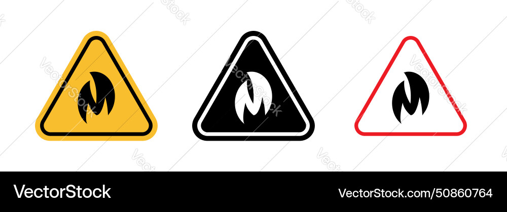 Fire warning sign icon set yellow triangle alert Vector Image