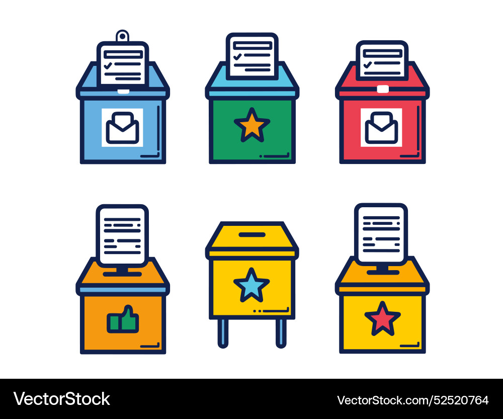 Six colorful ballot boxes different symbols paper Vector Image