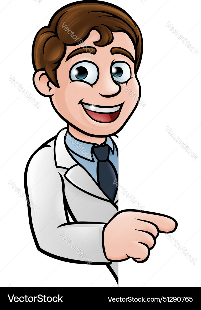 Scientist cartoon character pointing at sign Vector Image