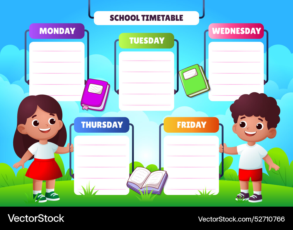 Cartoon school timetable two indonesian students Vector Image