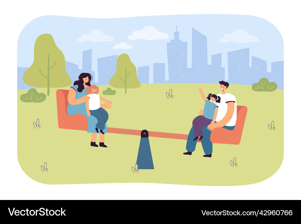 Parents and kids riding teeter-totter flat Vector Image