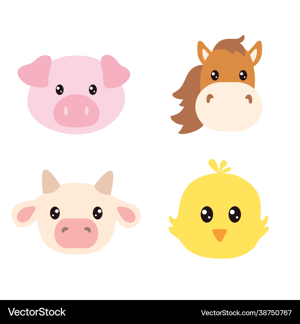 Set cute farm animals faces isolated on white Vector Image