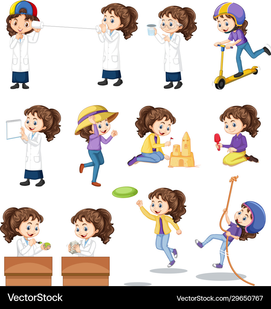 Set girl doing different activities on white Vector Image