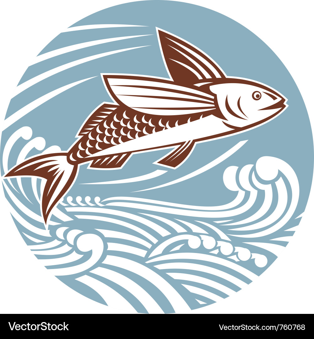 Flying fish with waves retro style Royalty Free Vector Image