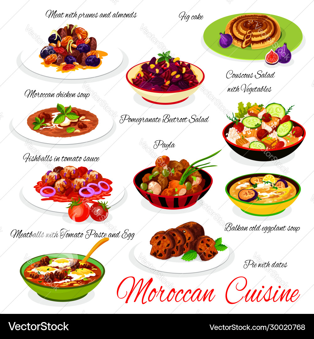 Moroccan food traditional cuisine menu dishes Vector Image