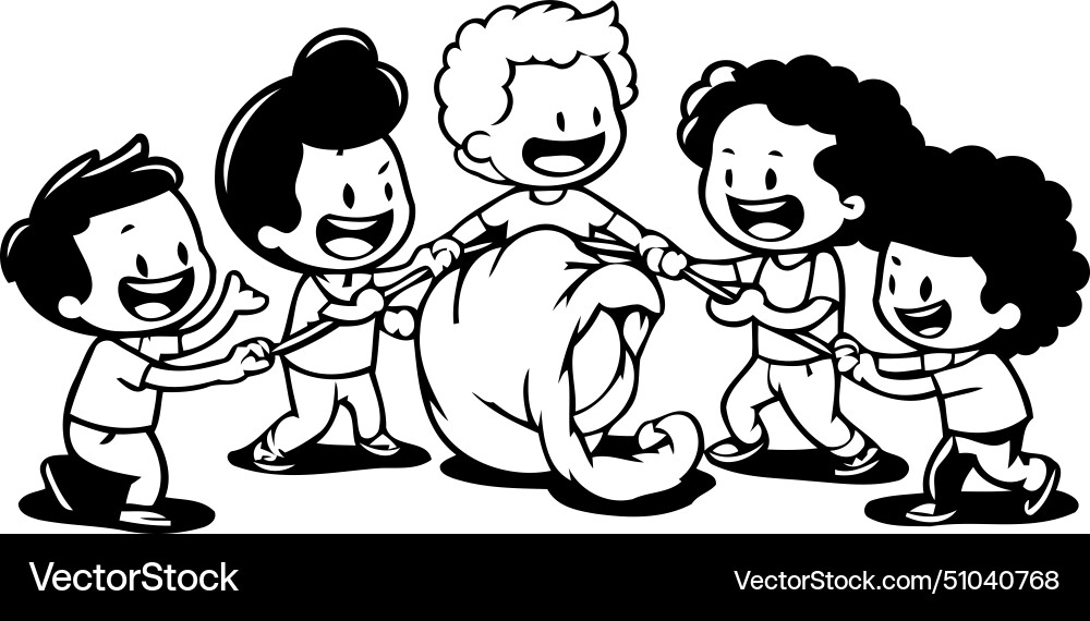 Teamwork concept group of happy kids pulling Vector Image
