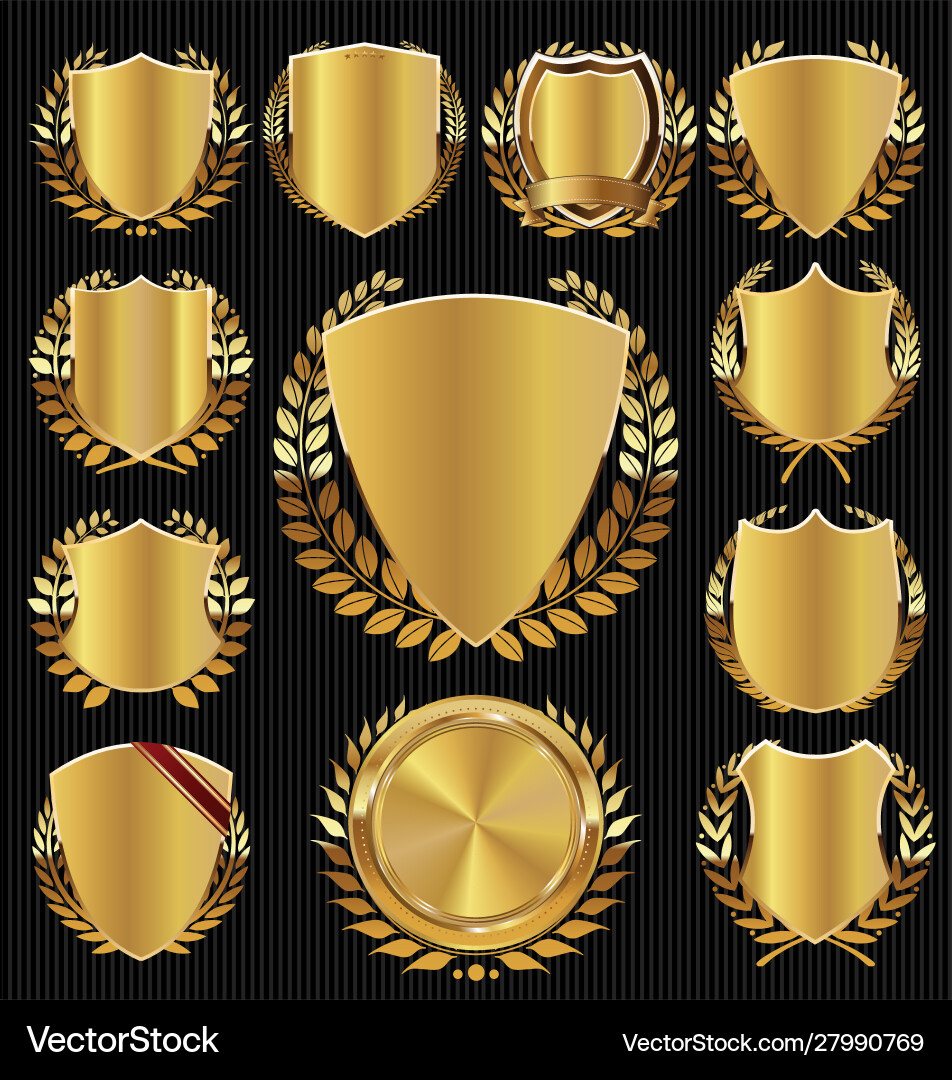 Golden shield and laurel wreath collection Vector Image