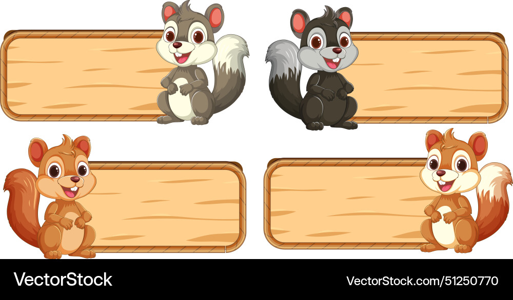 Four squirrels posing with blank wooden signs Vector Image