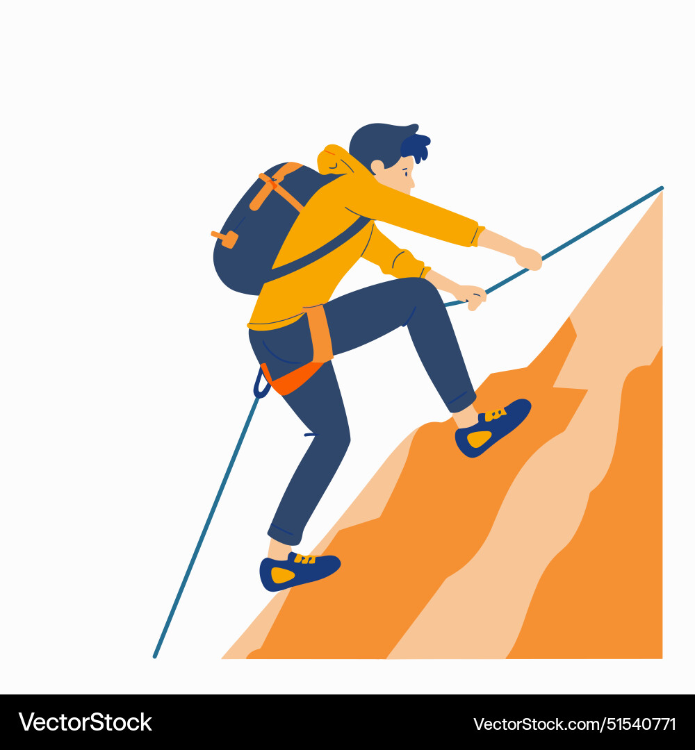 Man climbing steep mountain using ropes adventure Vector Image