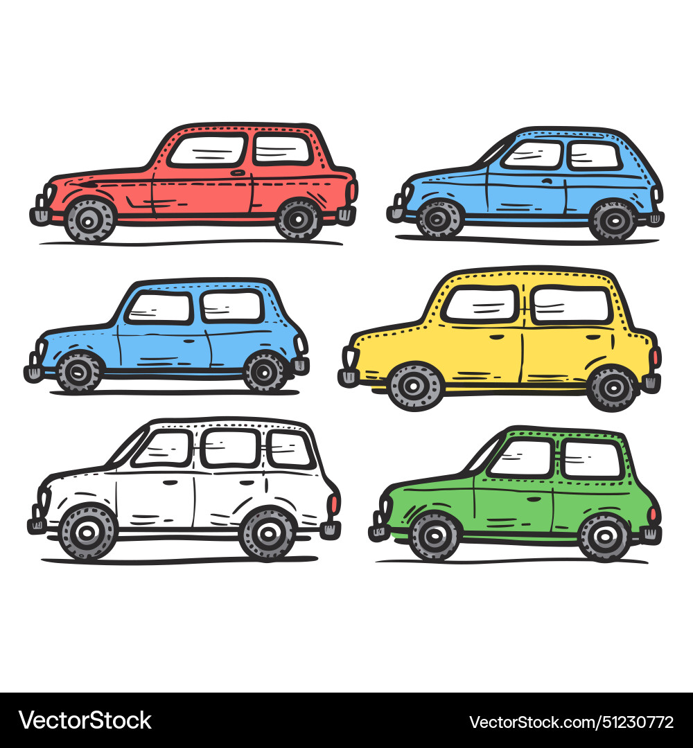 Handdrawn style set compact cars Royalty Free Vector Image
