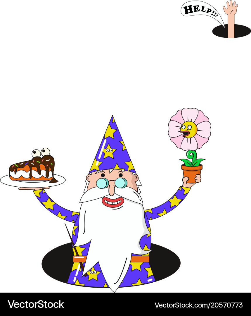 Cartoon wizard with cake and flower Royalty Free Vector