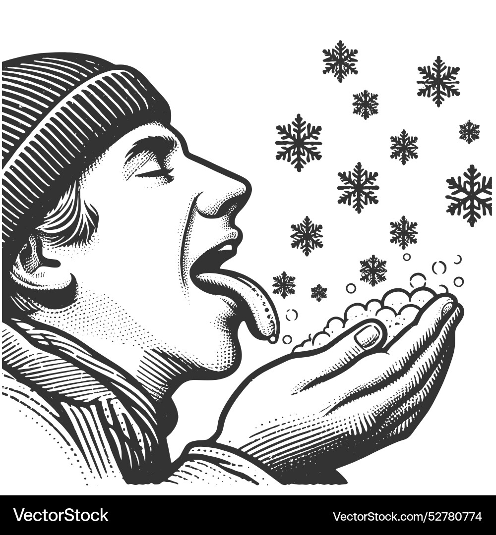 Man catching snowflakes on tongue in winter Vector Image