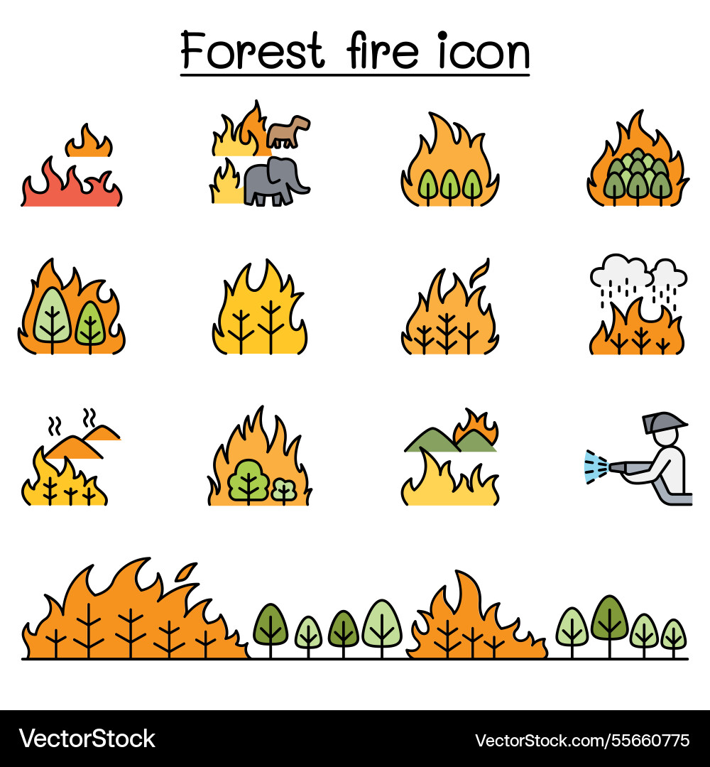 Forest fire wildfire icon set in color line style Vector Image