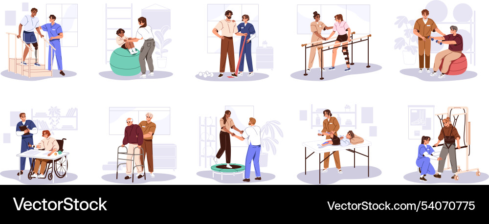 Rehabilitation set people do physiotherapy Vector Image