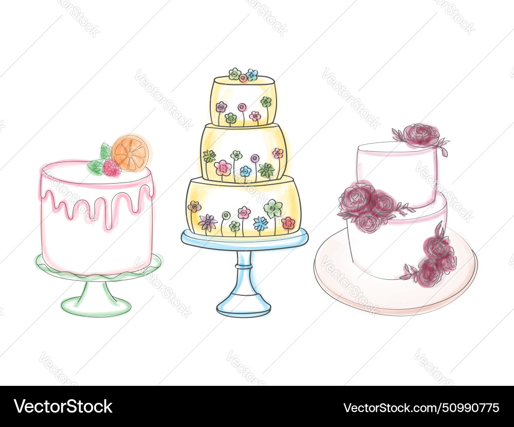 Three different types of cake drawing Royalty Free Vector