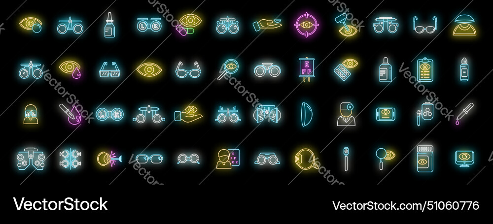 Optometry icons set neon Royalty Free Vector Image