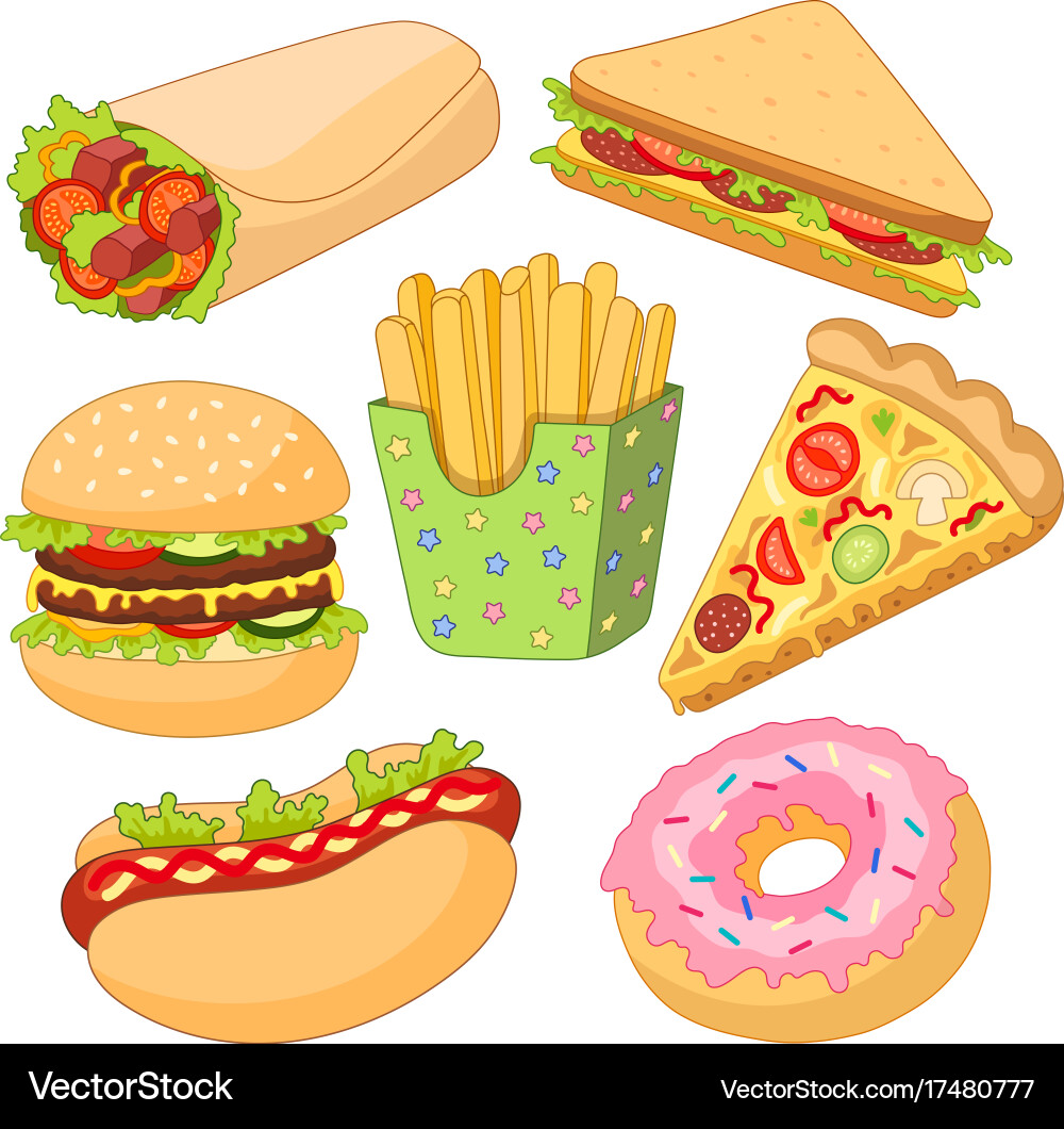 Cartoon flat fast food set isolated Royalty Free Vector