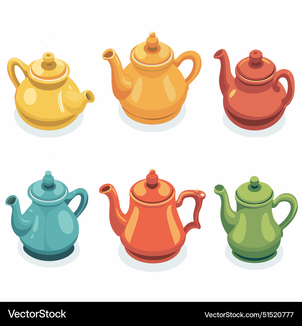 Six colorful teapots arranged two rows three Vector Image