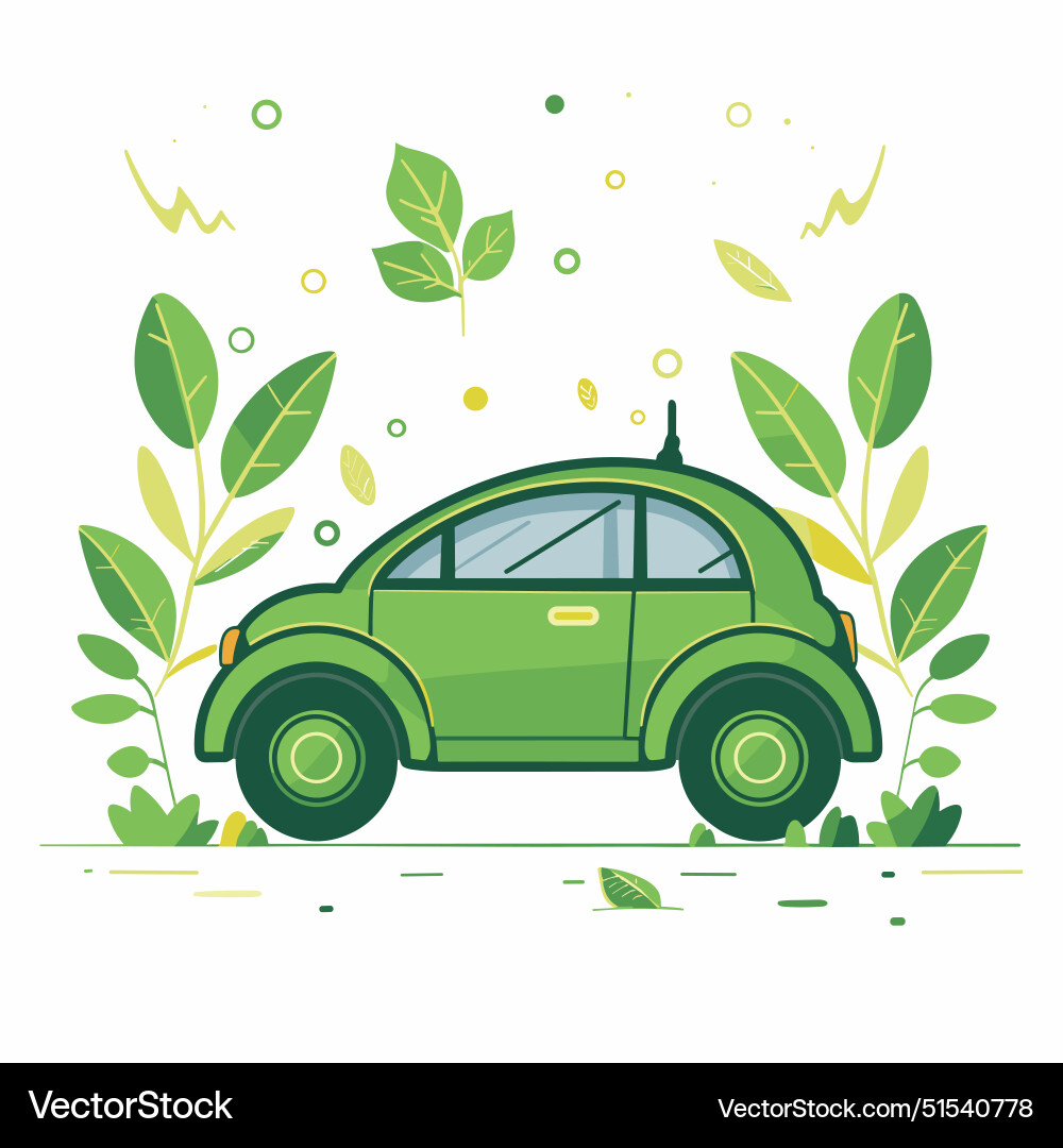 Ecofriendly green car surrounded leaves Royalty Free Vector