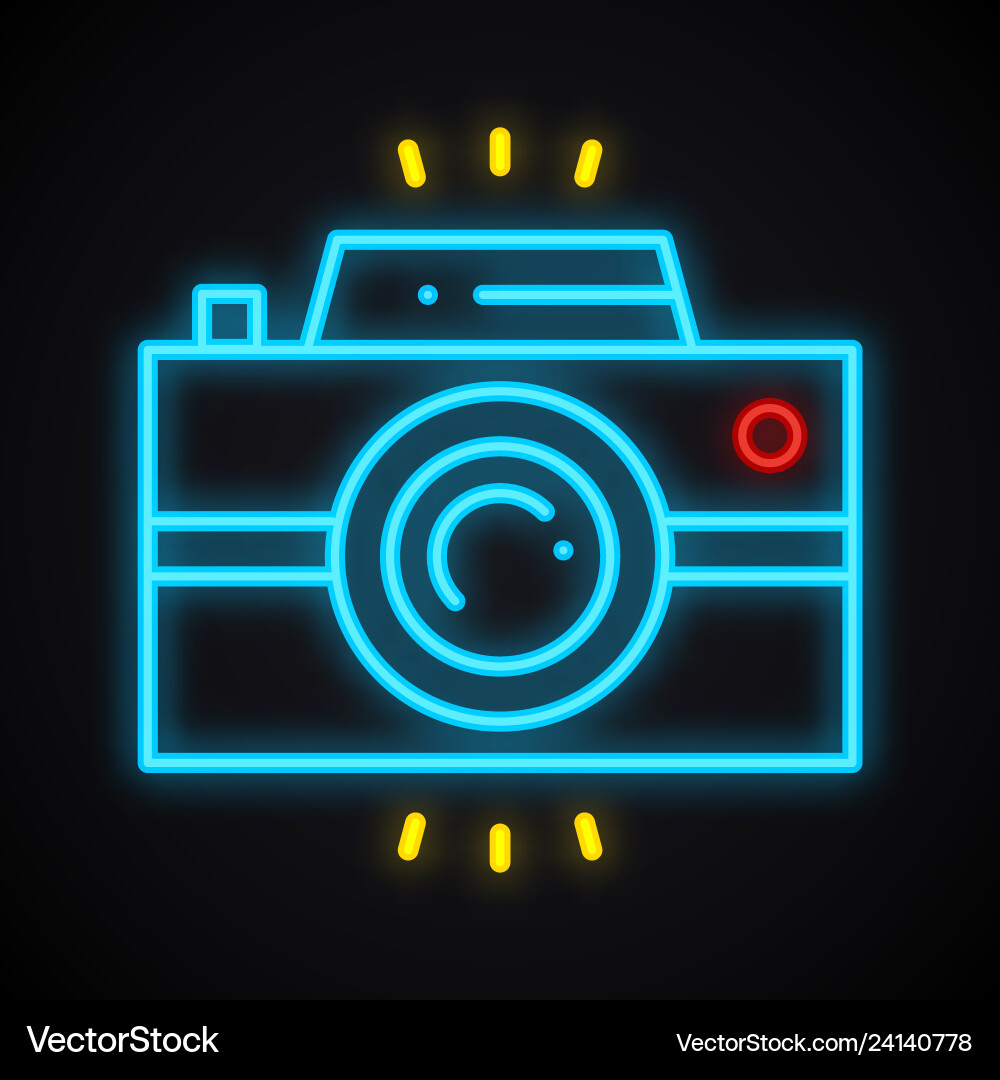 Neon camera sign bright photo symbol Royalty Free Vector