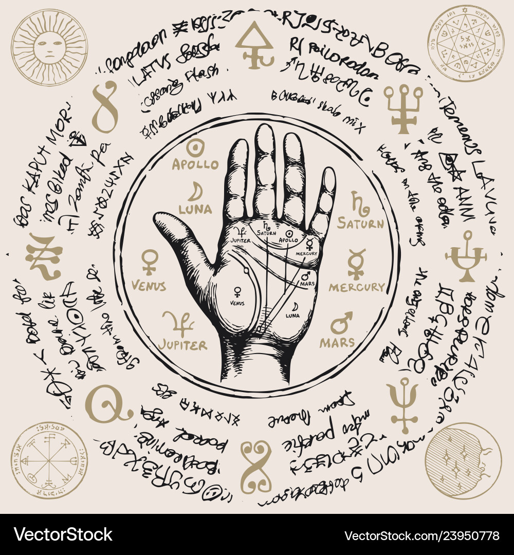 Palmistry map on open palm with old magic symbols Vector Image