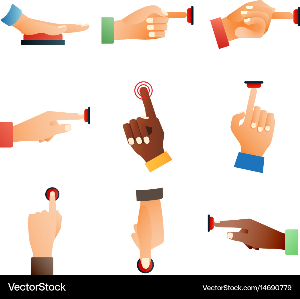 Hand press red button finger control push Vector Image