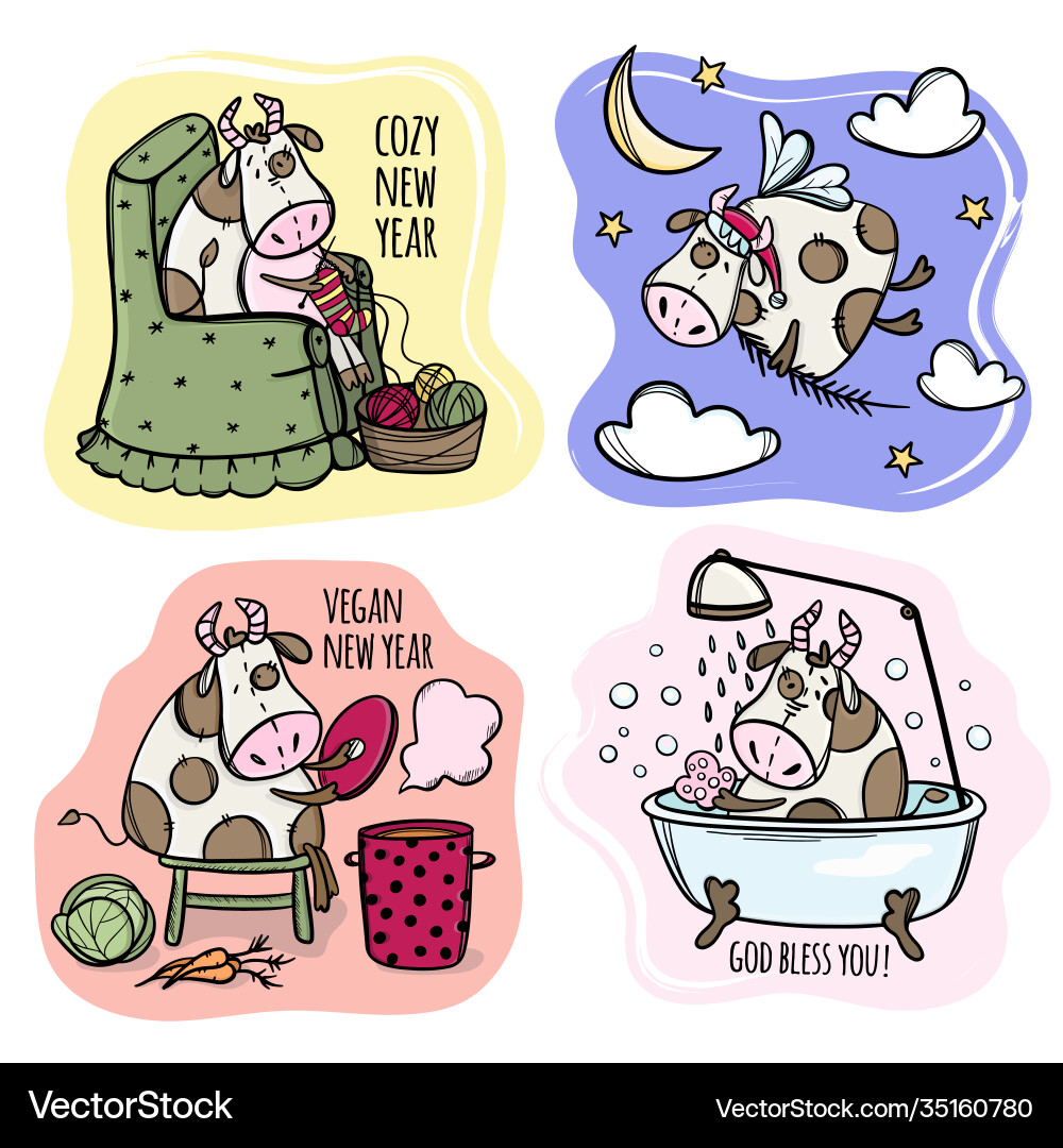 Four cows characters christmas bull Royalty Free Vector