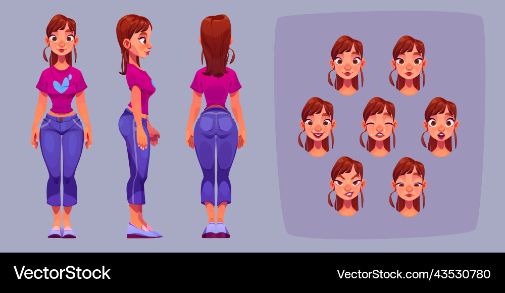Girl character for animation side rear front Vector Image