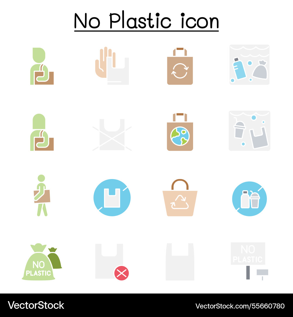 No plastic bag icon set in flat color style Vector Image