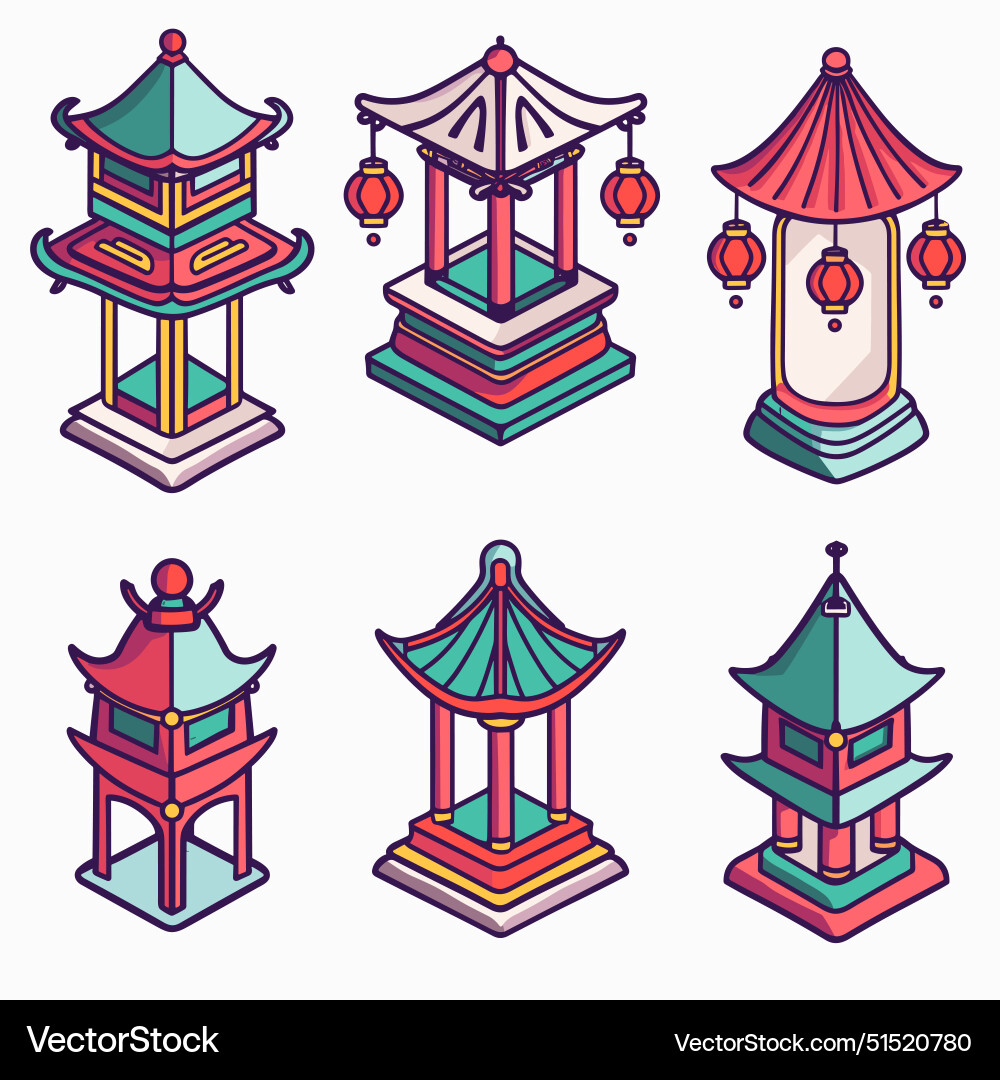 Set six colorful asian pagoda Royalty Free Vector Image