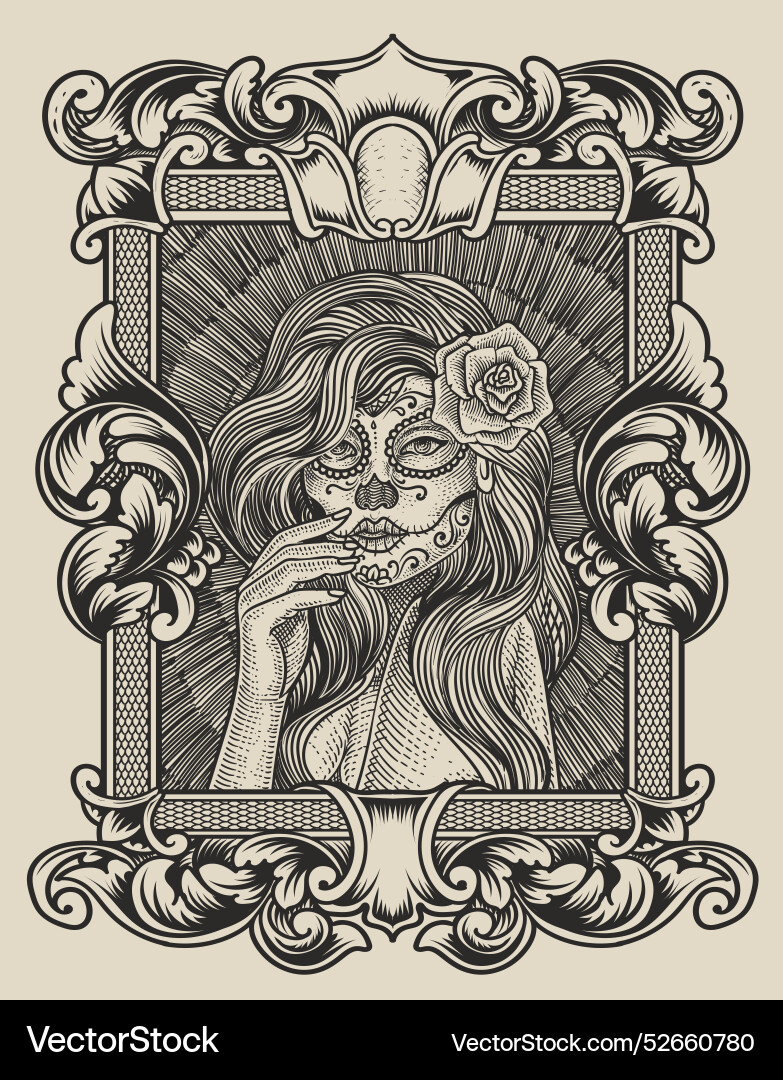 Sugar lady skull with engraving style Royalty Free Vector