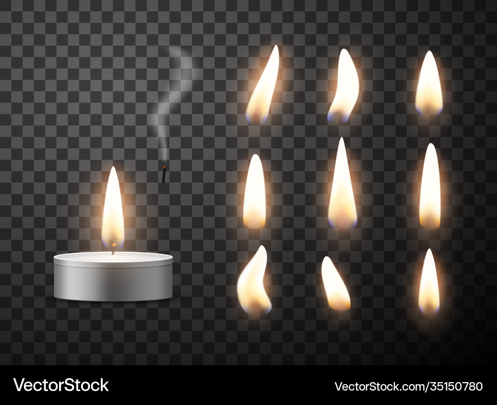 Tea candle burning and flame shapes realistic set Vector Image