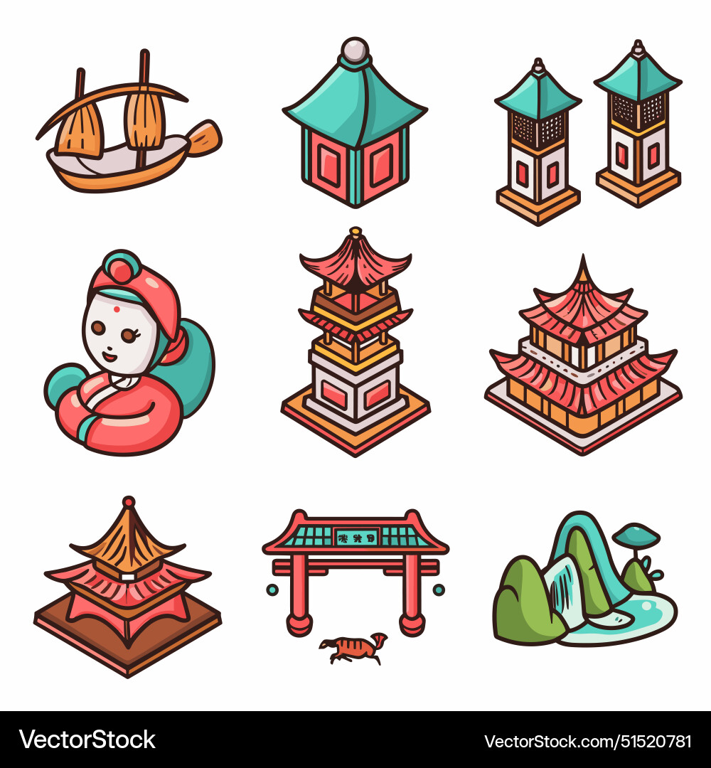 Collection traditional asian structures geisha Vector Image