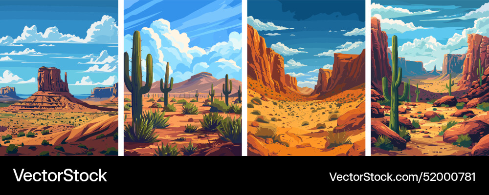 Desert landscape posters set cactus hills sun Vector Image