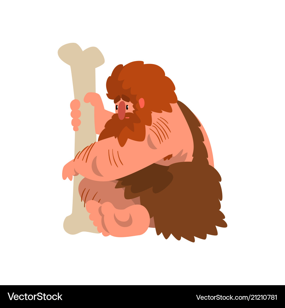 Muscular primitive caveman sitting with huge bone Vector Image