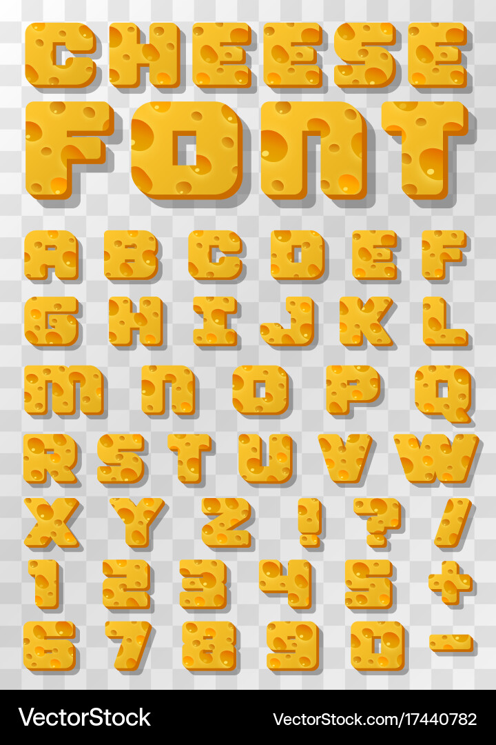 Cheese font letters and numbers Royalty Free Vector Image
