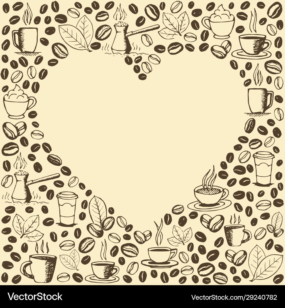 Coffee symbols background with heart shape inside Vector Image